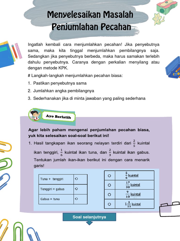 MTK Kelas 5 Menyelesaikan Masalah Penjumlahan Pecahan Biasa | PDF | Seni & Disiplin Bahasa ...