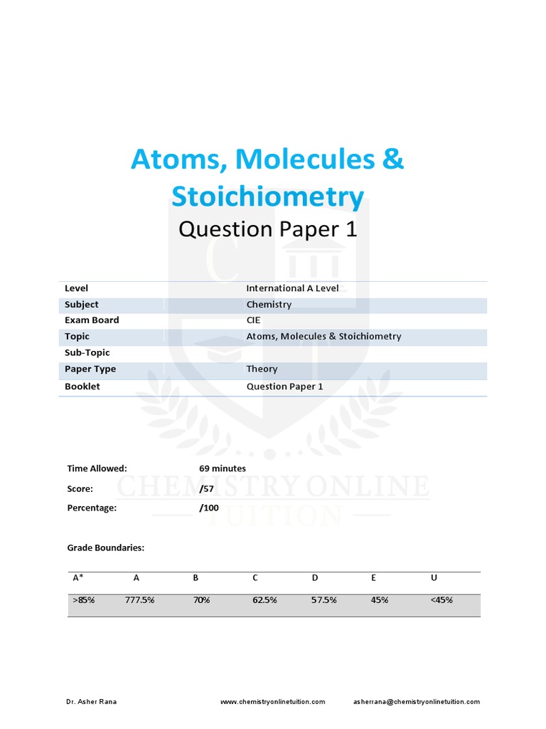 1.1 Atoms Molecules Stoichiometry Theory Ial Cie Chemistry QP Unlocked ...