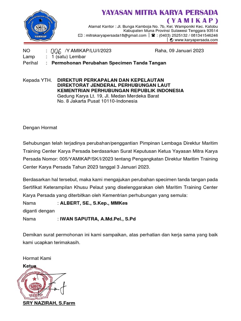 Permohonan Pergantian Specimen TTD MTC Karya Persada | PDF