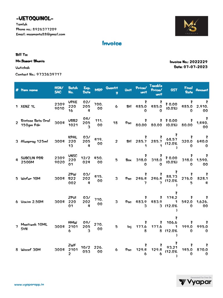 Vetoquinol Invoice Summary - Tamluk | PDF | Rupee | Typographical Symbols
