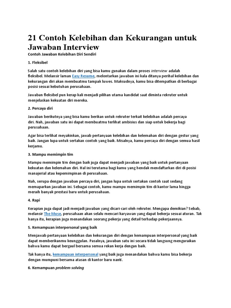 21 Contoh Kelebihan Dan Kekurangan Untuk Jawaban Interview | PDF