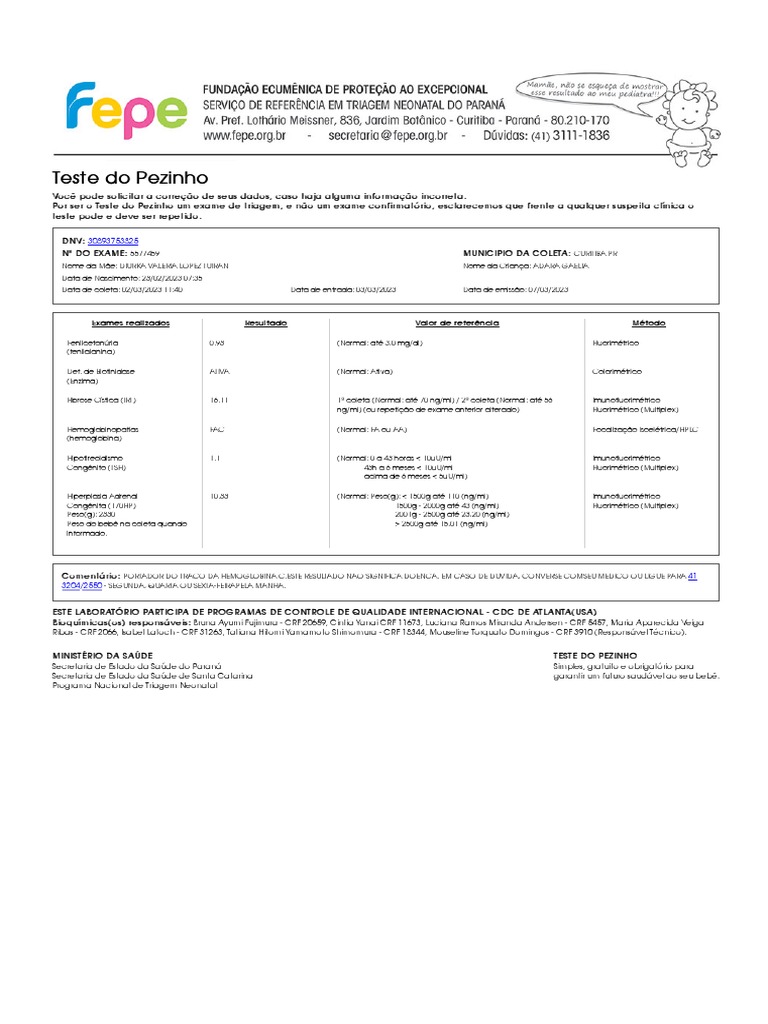 FEPE - Resultado Teste Do Pezinho | PDF | Doenças e distúrbios humanos ...