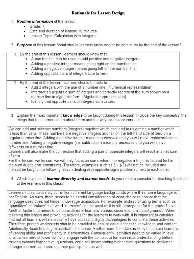 Rationale For Lesson Design (Integers) | PDF | Numbers | Learning Rationale For Lesson Design (Integers) | PDF | Numbers | Learning