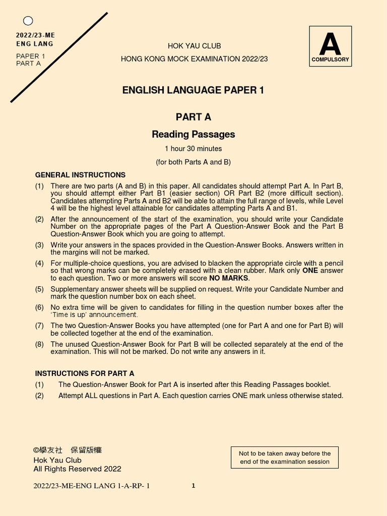 Hkme2022 Eng p1 A RP 2 | PDF | Hong Kong