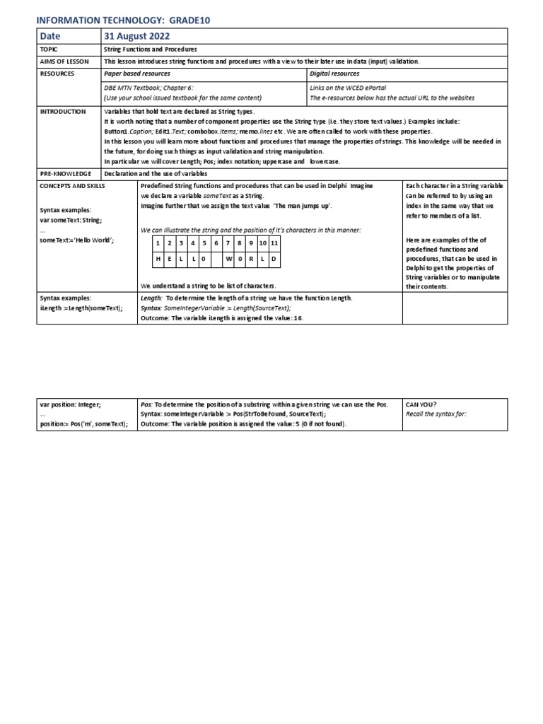 String Functions Lesson Plan Pdf String Computer Science Variable Computer Science 1984