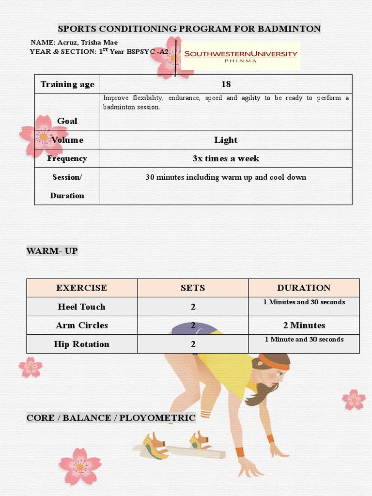 Sports Conditioning Program For Badminton | PDF