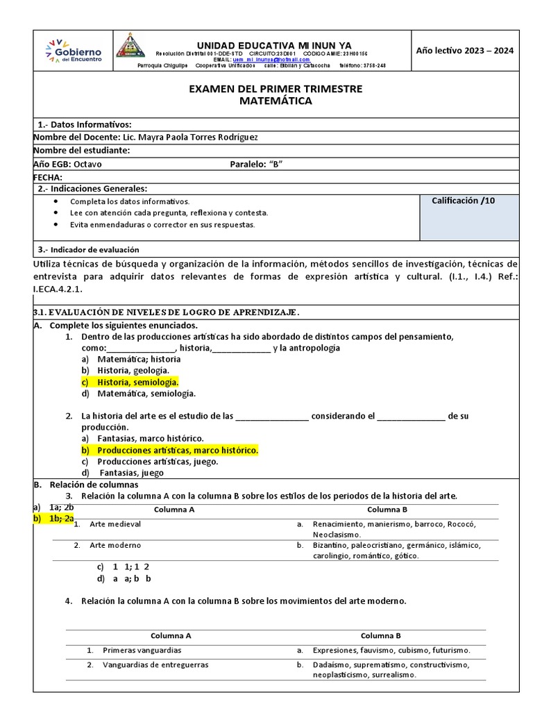 Examen Trimestral Eca 8vo B | PDF | Arte