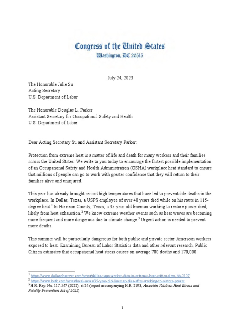 Congressional Letter To Biden Administration On Extreme Heat | PDF