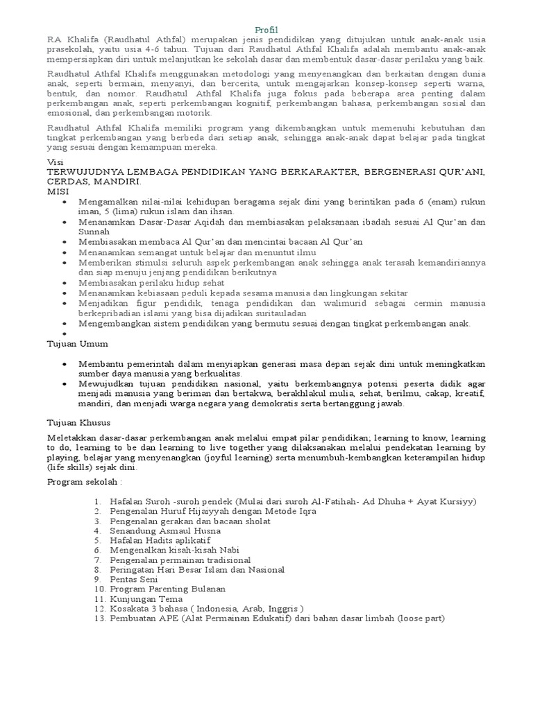 Visi Misi Tujuan Profil RA | PDF