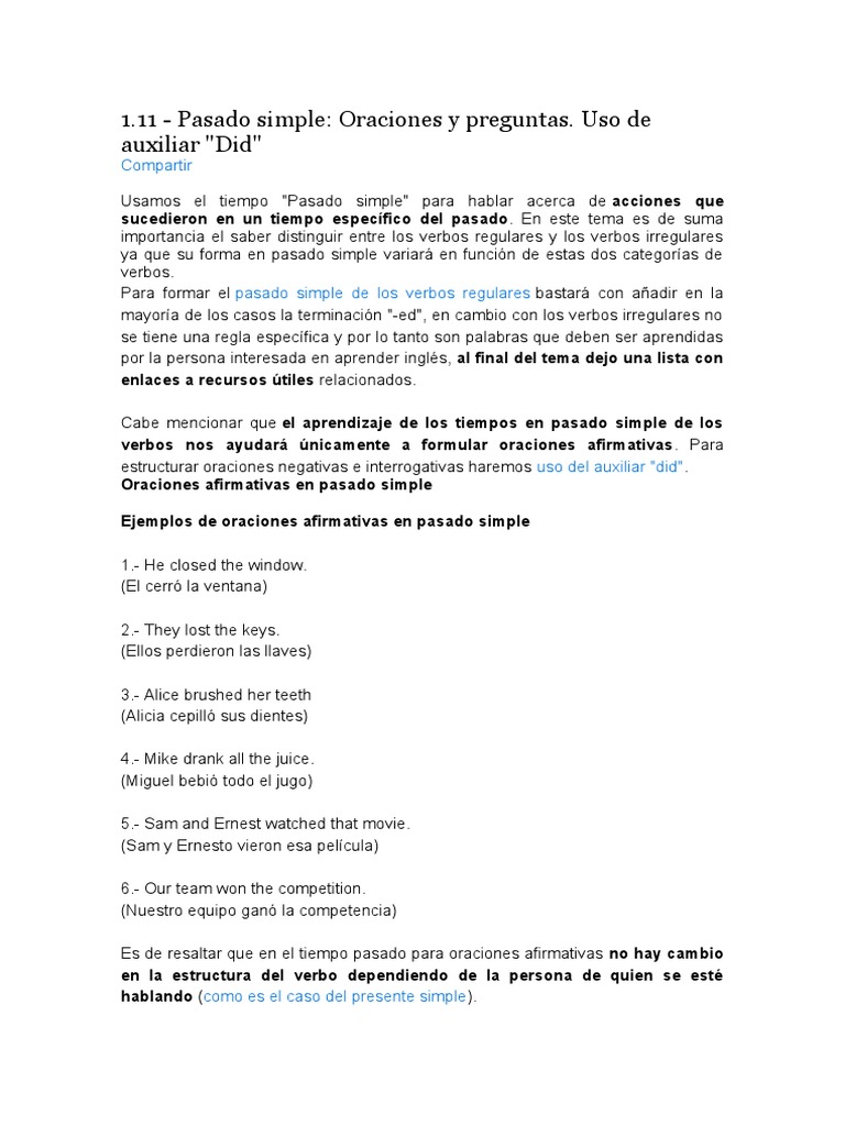1.11 - Pasado Simple: Oraciones y Preguntas. Uso de Auxiliar "Did" | PDF
