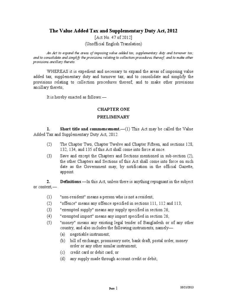 VAT and Supplementary Duty Act 2012 | PDF | Value Added Tax | Taxes