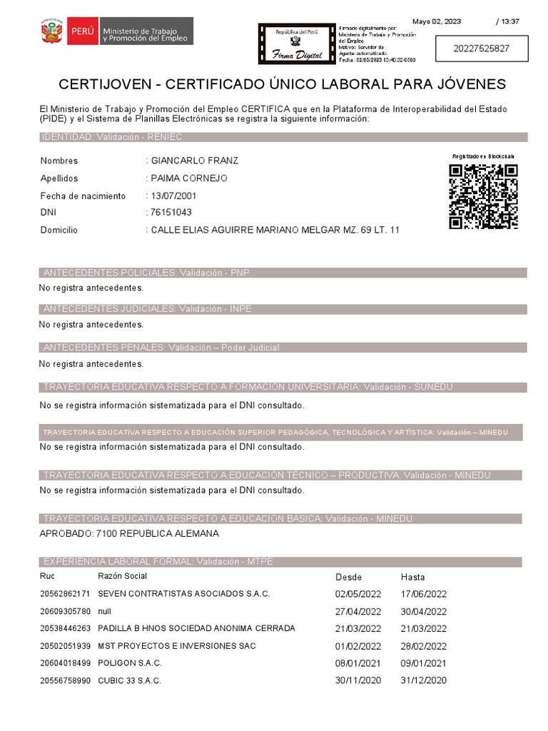 Certijoven - Certificado Único Laboral para Jóvenes: Mayo 02, 2023 13:37 | PDF | Gobierno