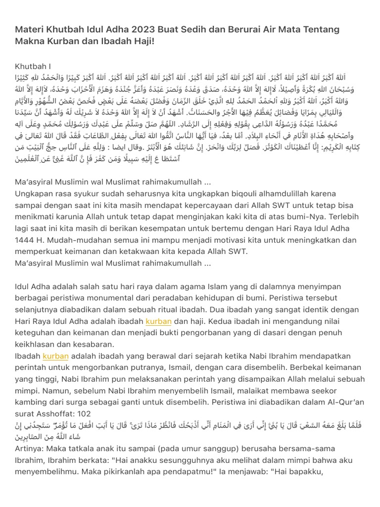 Materi Khutbah Idul Adha 2023 Buat Sedih Dan Berurai Air Mata | PDF Materi Khutbah Idul Adha 2023 Buat Sedih Dan Berurai Air Mata | PDF