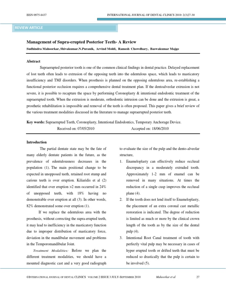 Management of Supraerupted Teeth | PDF | Tooth | Dentistry