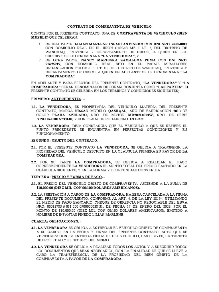 Contrato de Compraventa de Vehiculo Lilian - Ing Nancy | PDF | Ley ...