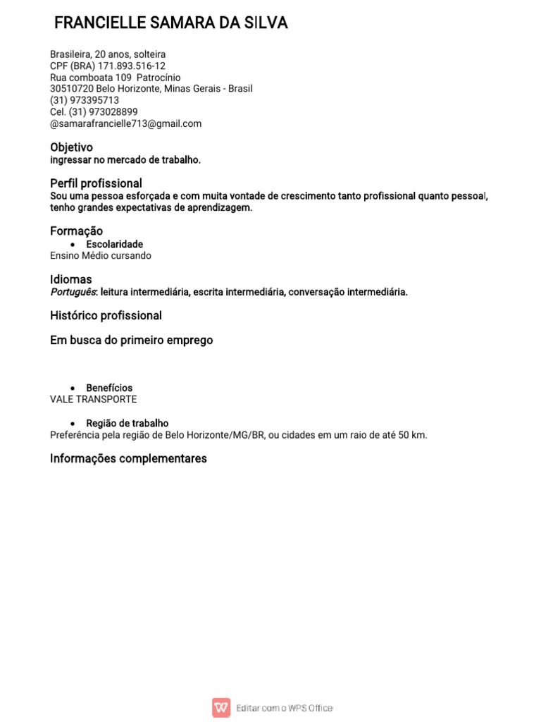 Curriculum Francielle Samara Da Silva | PDF | Carreira e Crescimento