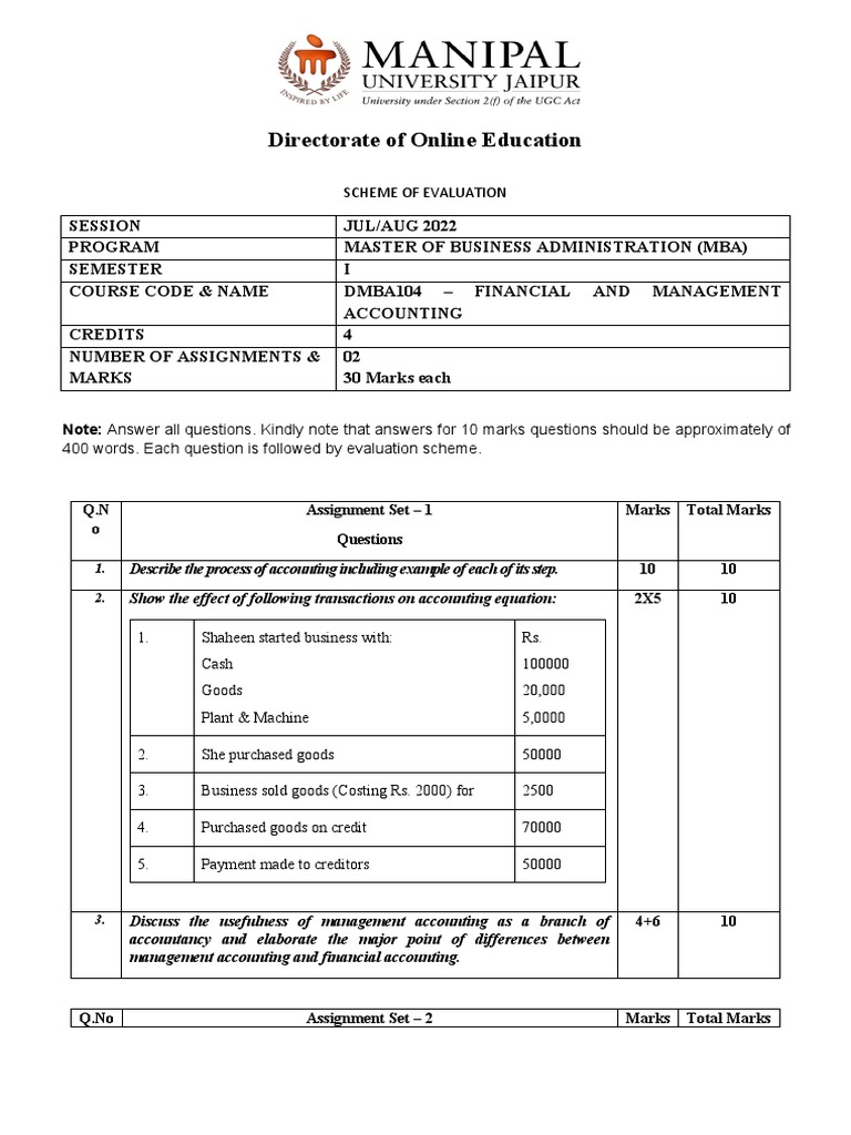 Assignment DMBA104 MBA 1 Set-1 and 2 Nov 2022 | PDF | Accounting ...