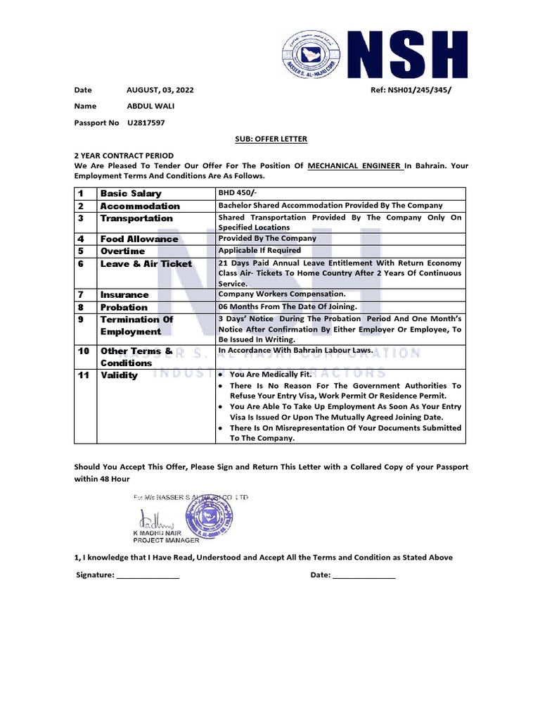 NSH BAHRAIN OFFER LETTER2222333311 | PDF