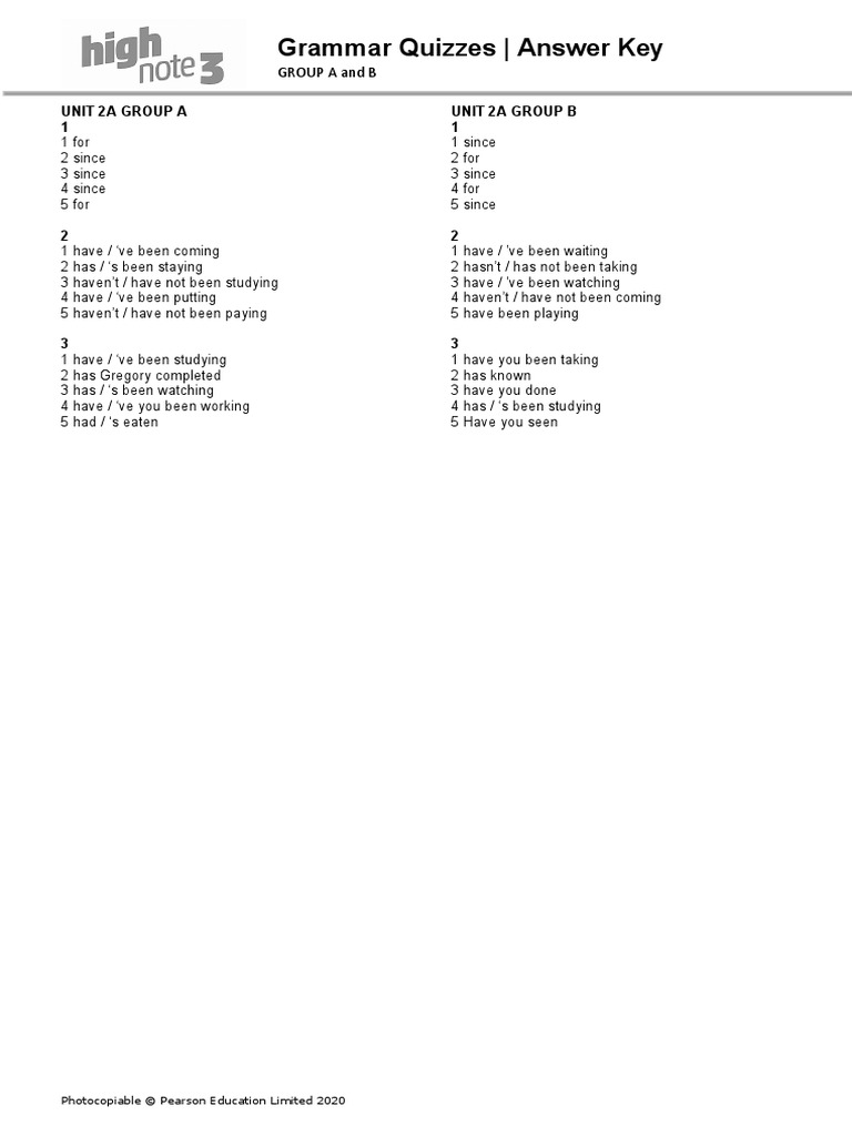 Unit 2A Grammar Quiz Answers | PDF | Language Arts & Discipline