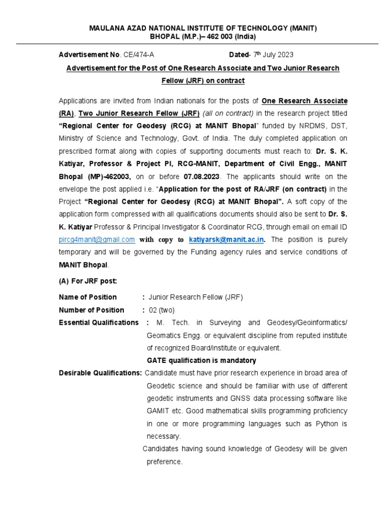 JRF and RA Advertisement & Application Form | PDF | Geomatics | Doctor Of Philosophy