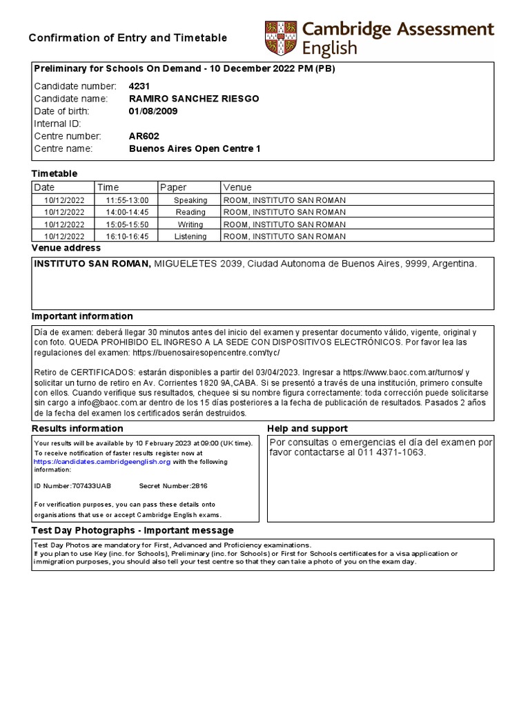 Confirmation of Entry and Timetable | PDF