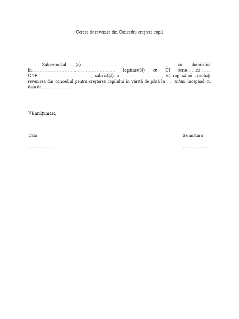 Model Cerere Revenire Concediu Crestere Copil CCC | PDF