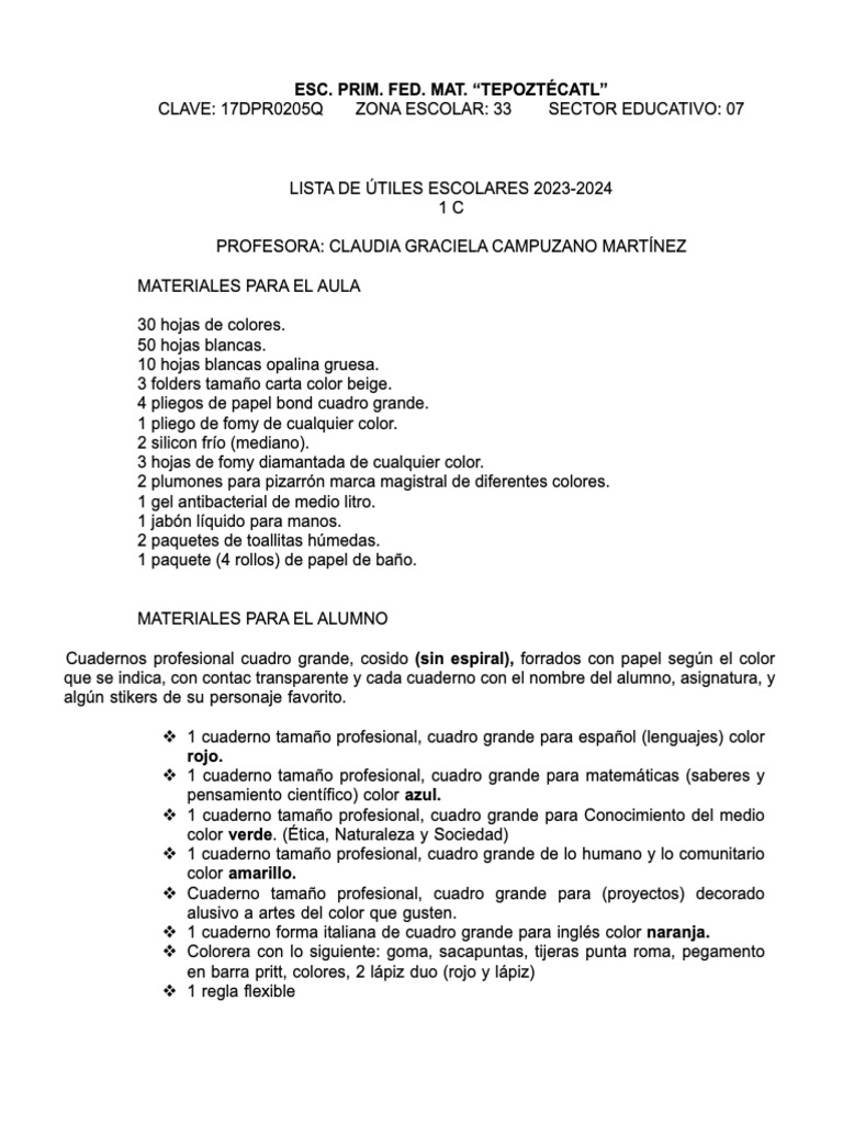 Lista de Utiles 1C 2023-2024 | PDF | Cuaderno