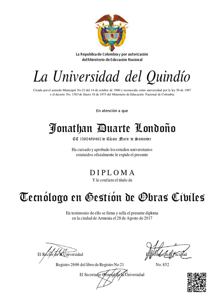 Diploma Universidad Del Quindio | PDF