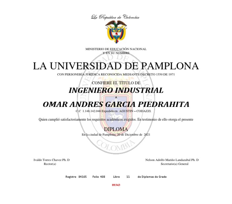 Diploma Modificado Universidad de Pamplona | PDF
