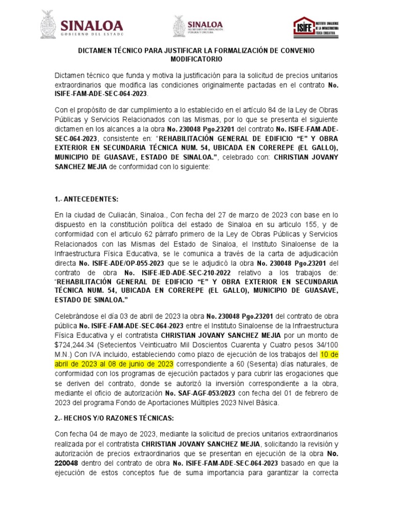 Dictamen para La Justificacion de Convenio Modificatorio Precios Extras ...
