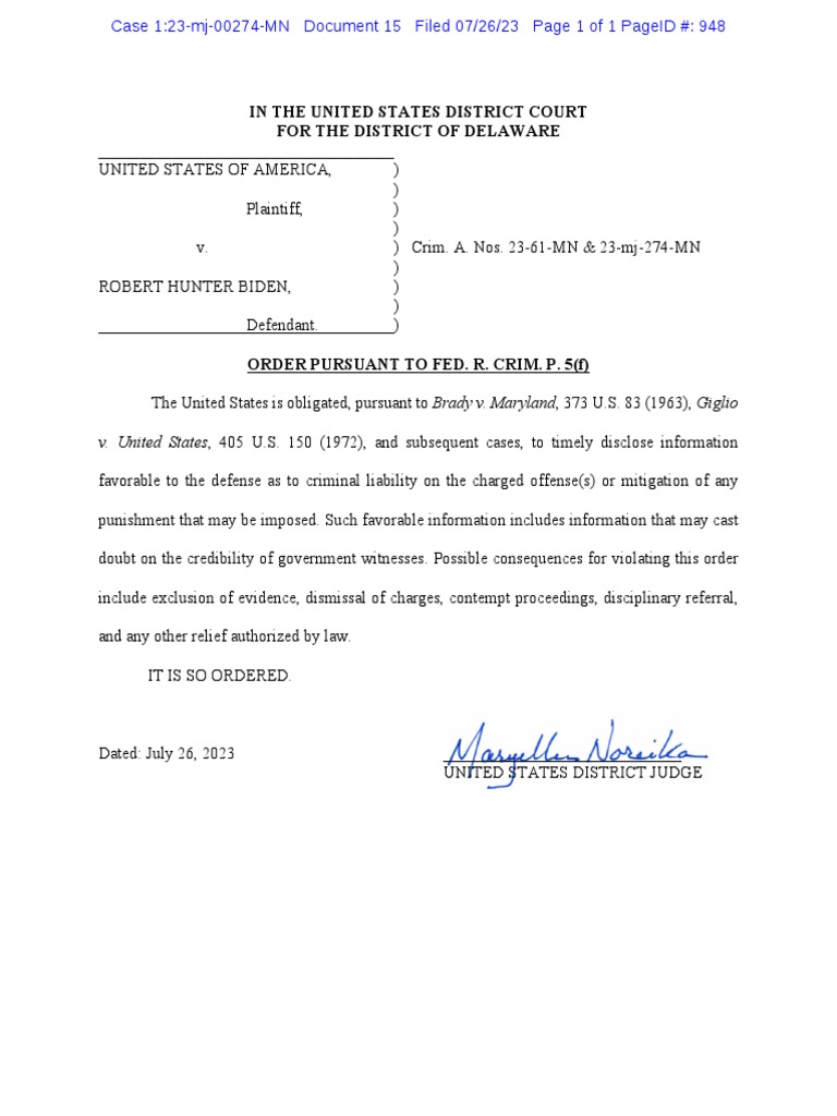 Brady Disclosure Order in Biden Case | PDF | Law
