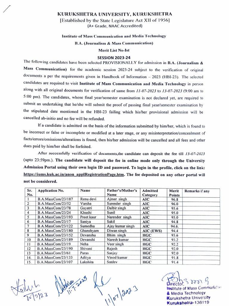 1st Merit List of BA Journalism & Mass Communication PDF | PDF