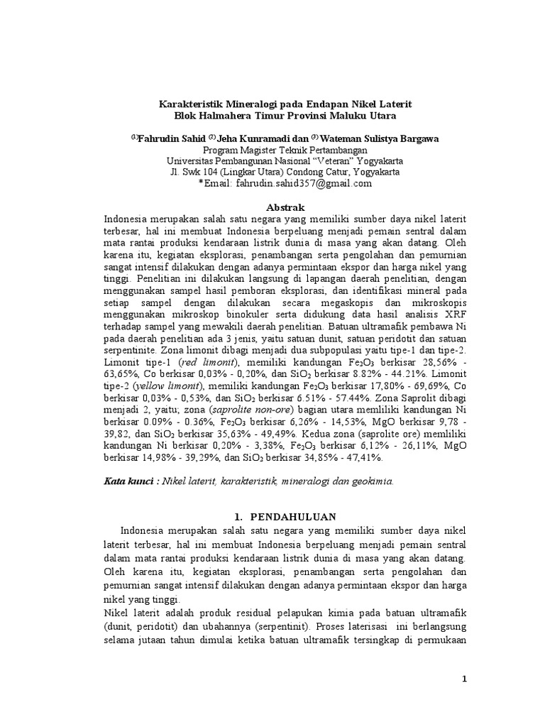 Jurnal Studi Karakteristik Mineralogi Deposit Nikel Laterit Halmahera | PDF