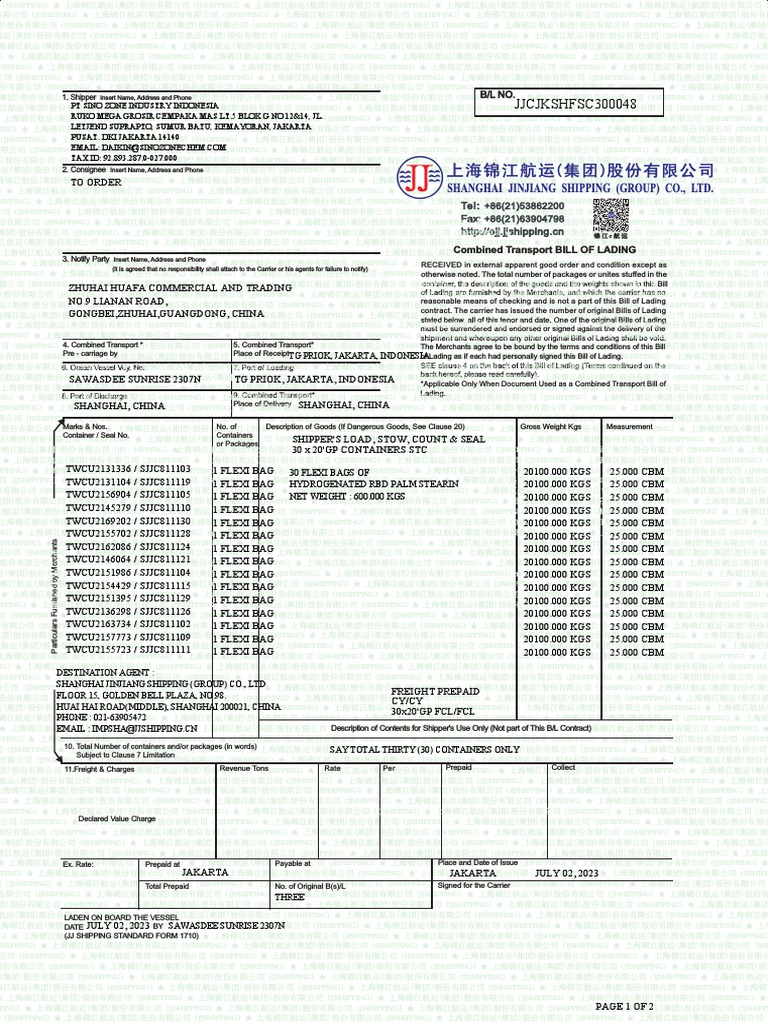 Draft MBL - Jjcjkshfsc300048 | PDF