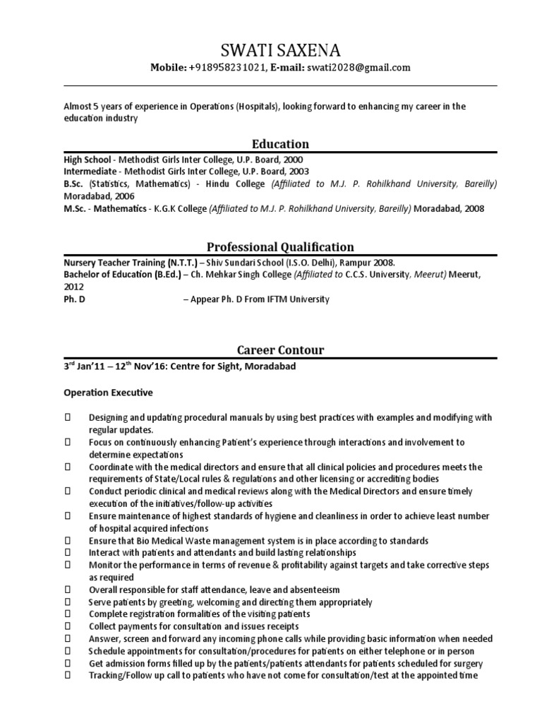 Swati Saxena Resume | PDF | Patient | Health Care Swati Saxena Resume | PDF | Patient | Health Care