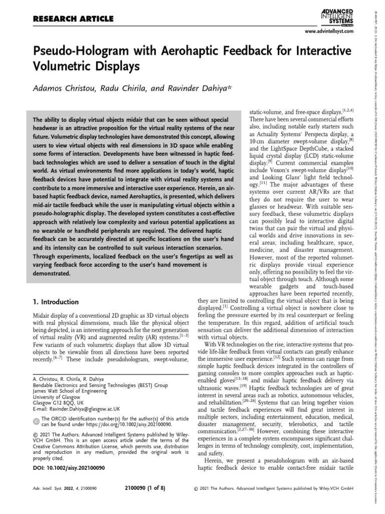 Advanced Intelligent Systems - 2021 - Christou - Pseudo Hologram With Aerohaptic Feedback For ...