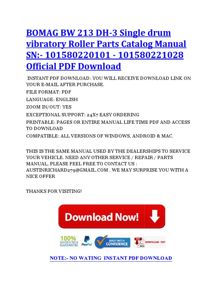 BOMAG BW 213 DH-3 Single drum vibratory Roller Parts Catalog Manual SN- 101580220101 ...