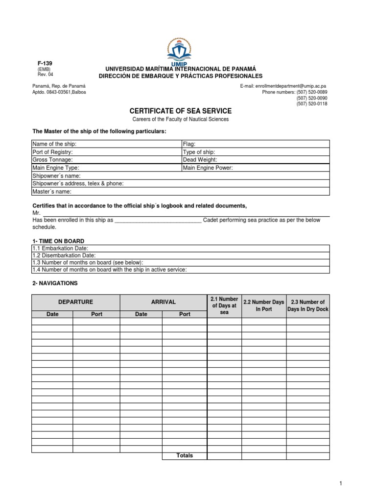 Certificate of Sea Service Template | PDF | Port | Watercraft