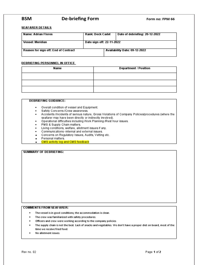 FPM 66 De-Briefing Form (1) .Docx Adrian Flores | PDF