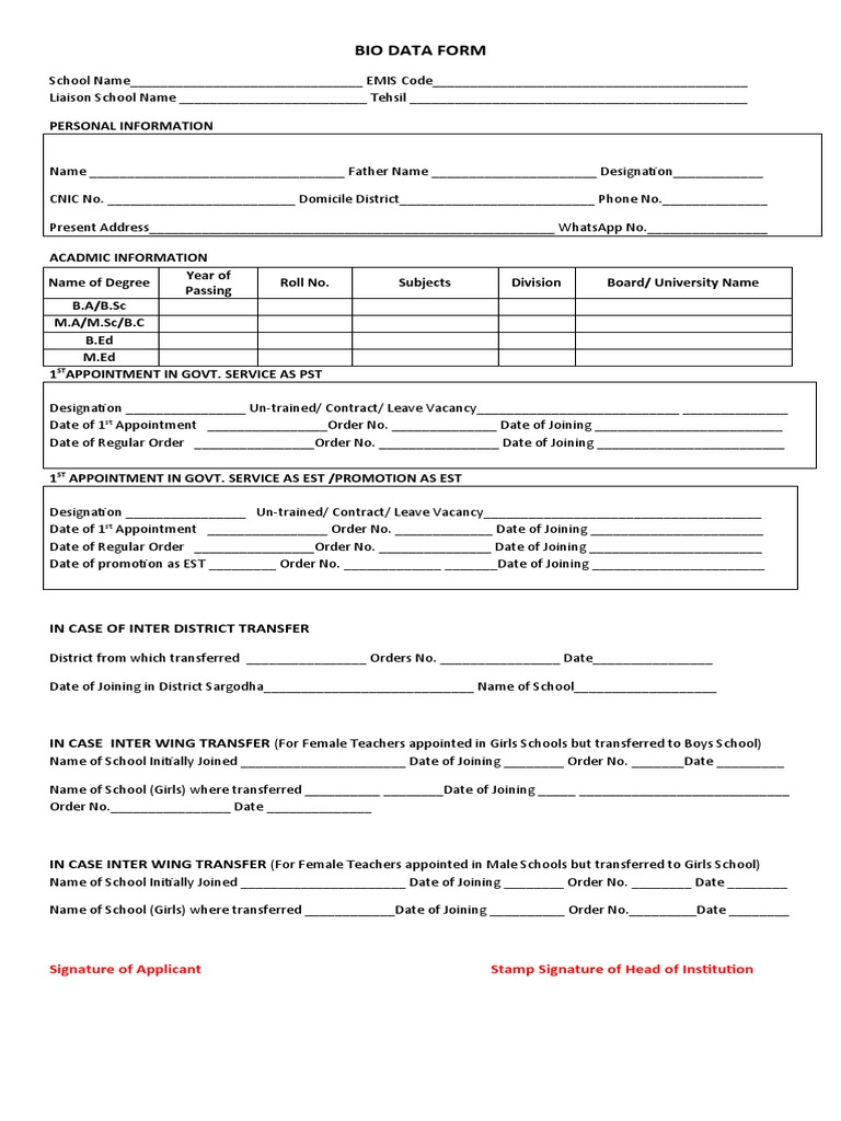 Bio Data Form | PDF