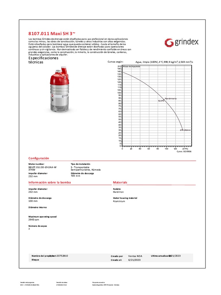 Especificaciones Bomba Grindex Maxi SH | PDF | Cantidad | Metrología