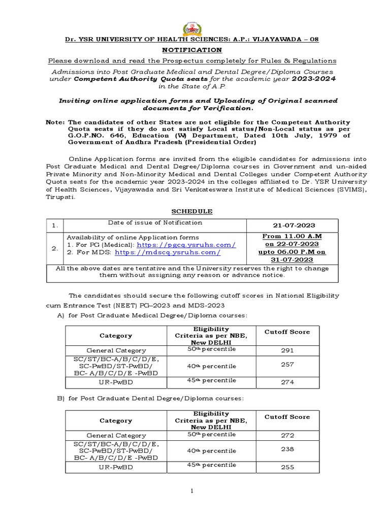 PG & MDS Detailed Notification 2023-24 | PDF | Medical Education | Higher Education