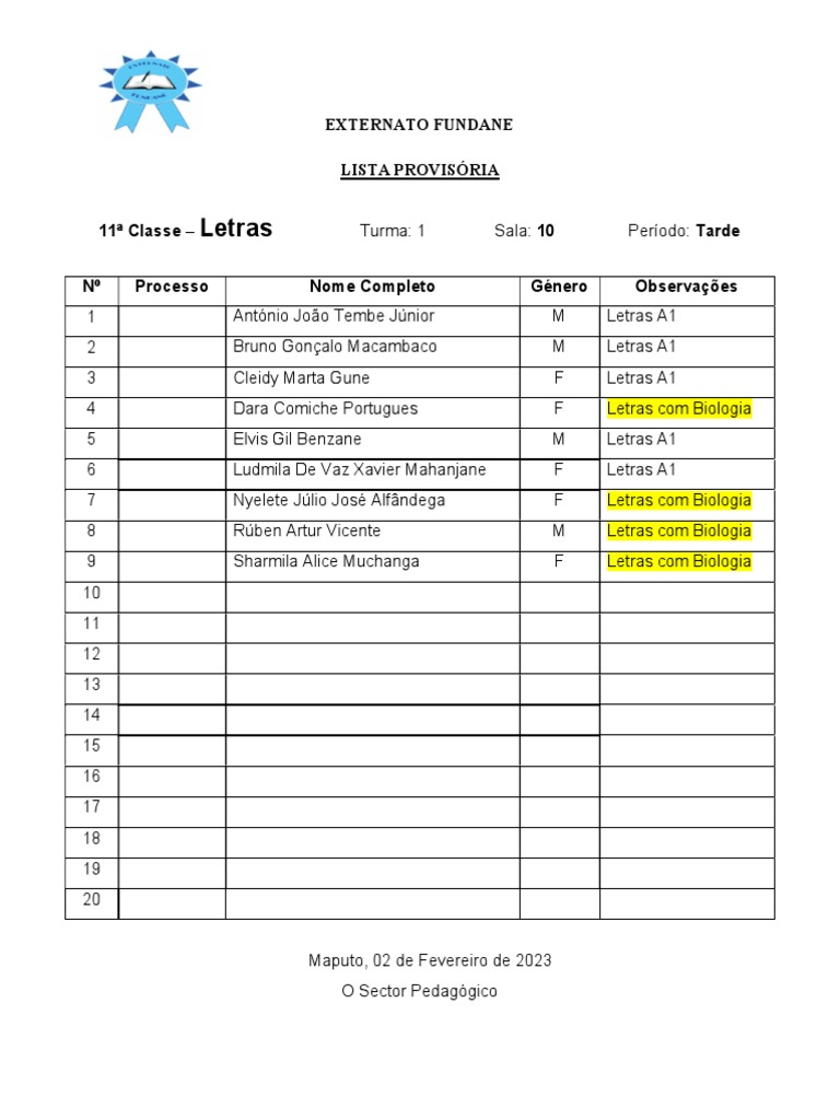 11 1 (LETRAS) - Lista Provisória & Horário | PDF | Artes Linguísticas e ...