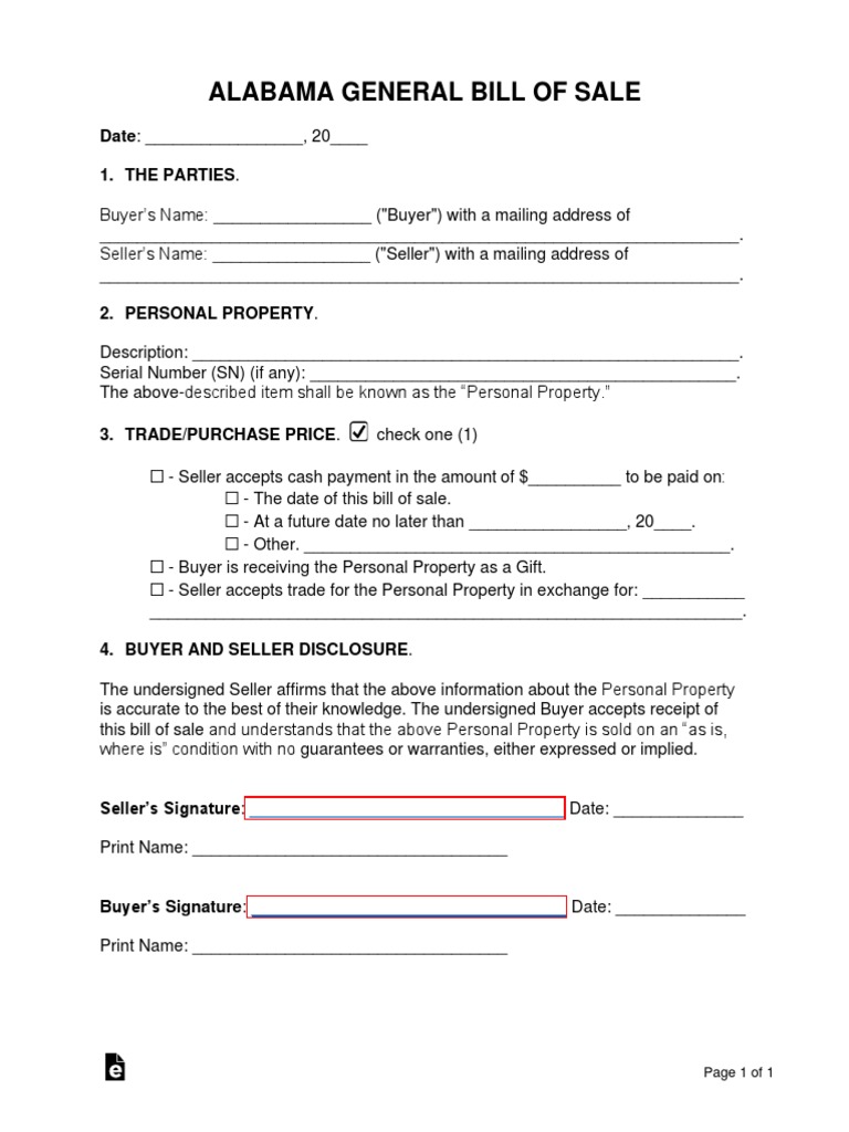 Alabama General Bill of Sale Template | PDF | Law
