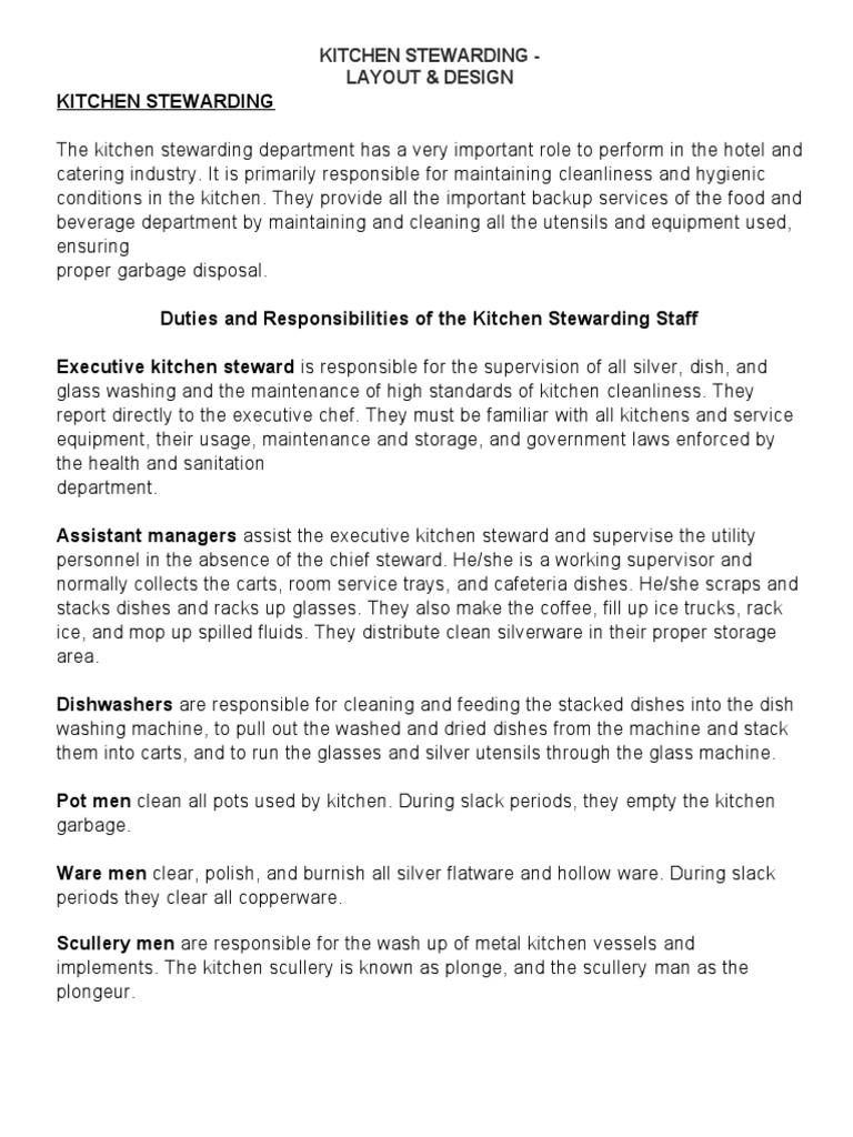 KITCHEN STEWARDING Facility Planning | PDF | Dishwasher | Tableware