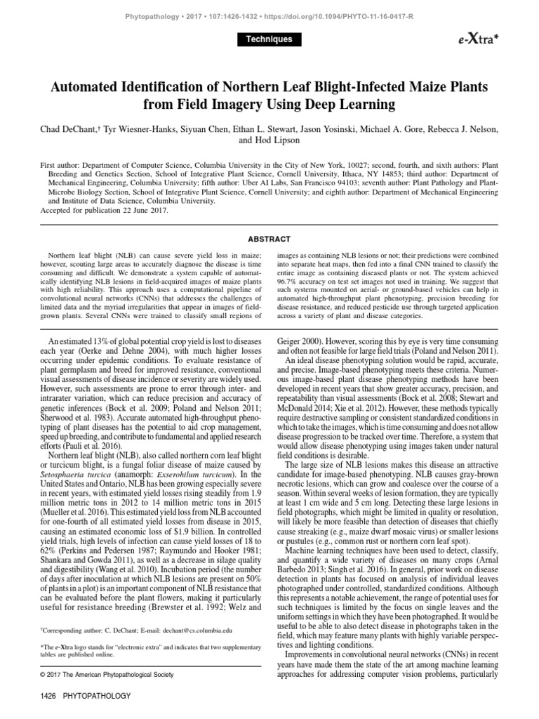 Automated Identification of Northern Leaf Blight-Infected Maize Plantsfrom Field Imagery Using ...