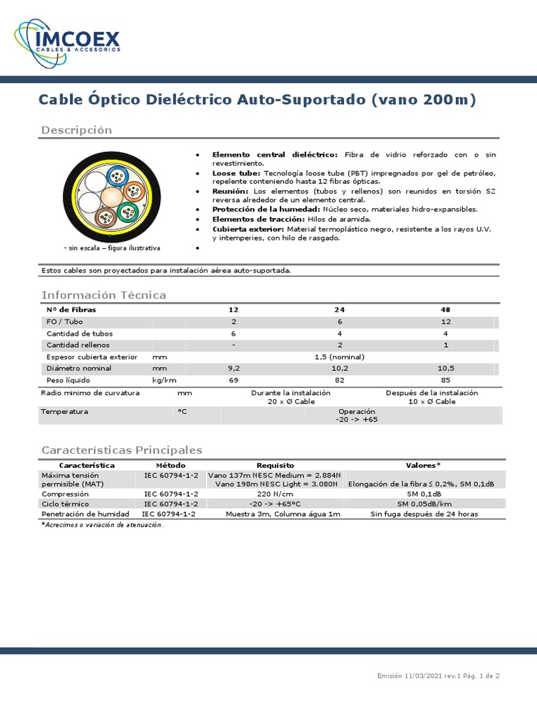 Cable Fo Adss 12-24-48h SM - Cfoa-sm-As200 | PDF | Fibra óptica | Materiales