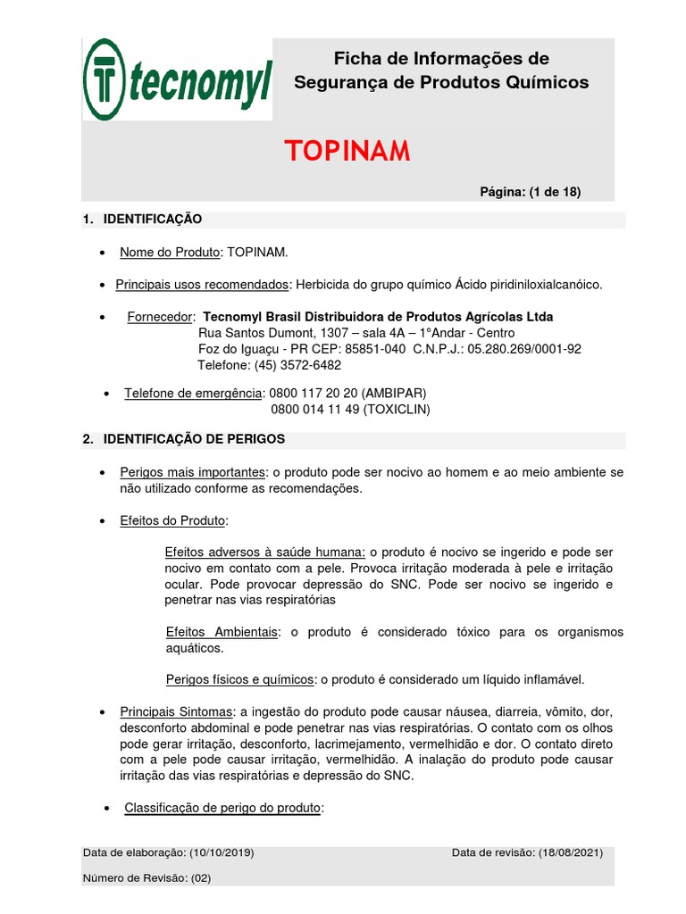 FISPQ Topinam | PDF | Primeiros socorros | Química