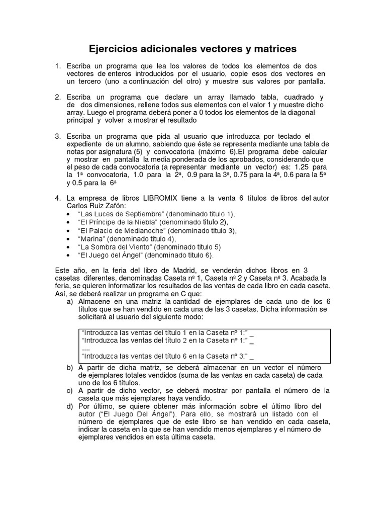 Ejercicios Adicionales Vectores y Matrices | PDF | Informática ...