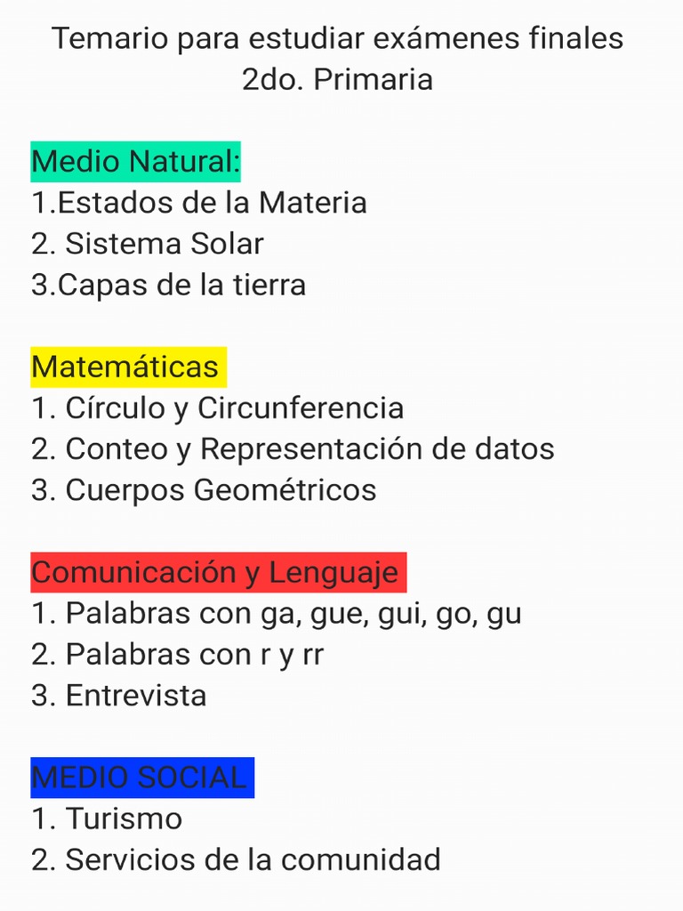 Temario 2do Primaria | PDF
